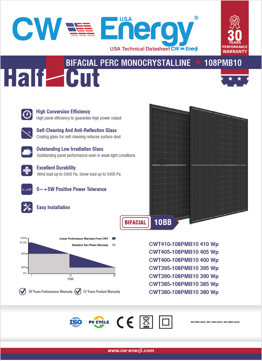 CW Energy 410Wp BiFacial PERC Monocrystaline Solar Panels 410W 12/30 Y ...